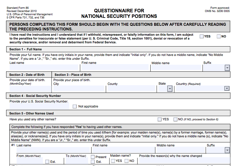 Standard Form 86 - Questionnaire for National Security Positions ...